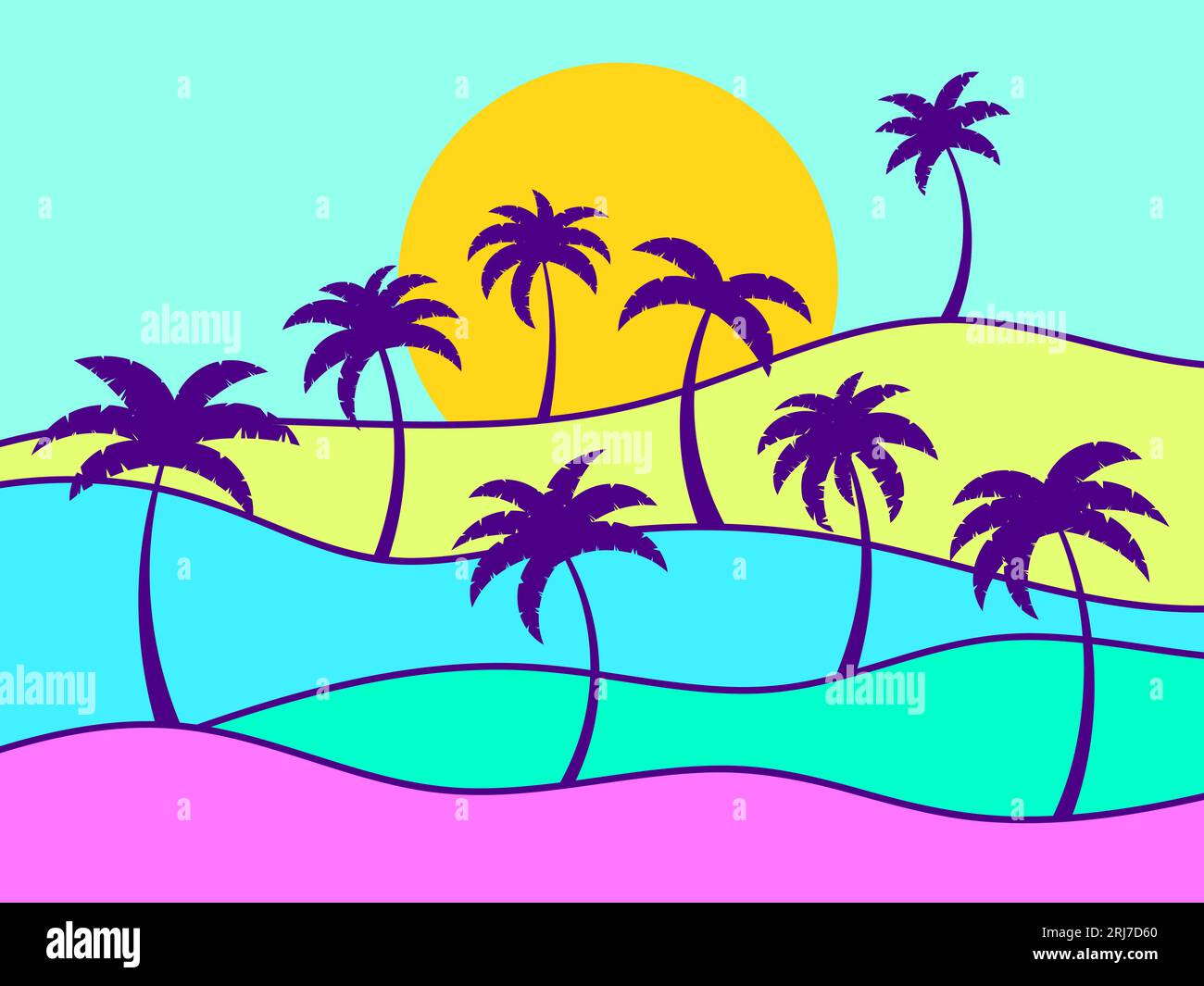 Wavy colorful landscape with silhouettes of palm trees against the ...