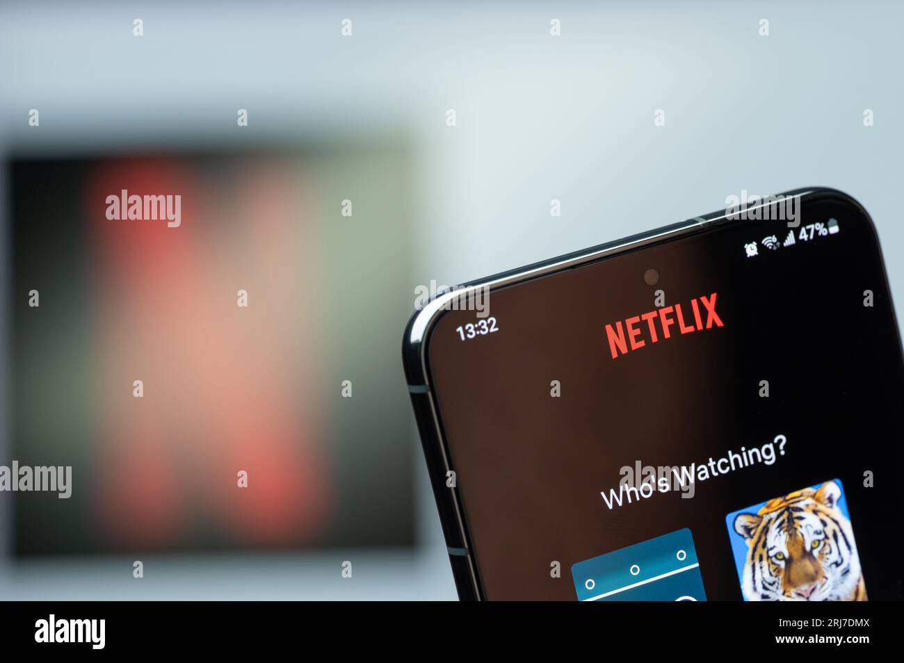 New York, USA - August 20, 2023: Watching movie on netflix app app on ...