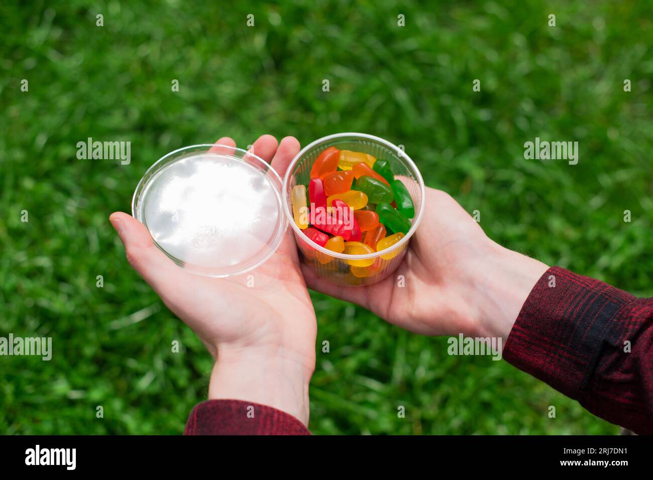 Close-up top view Hand of Man in red shirt holds colorful candies in ...