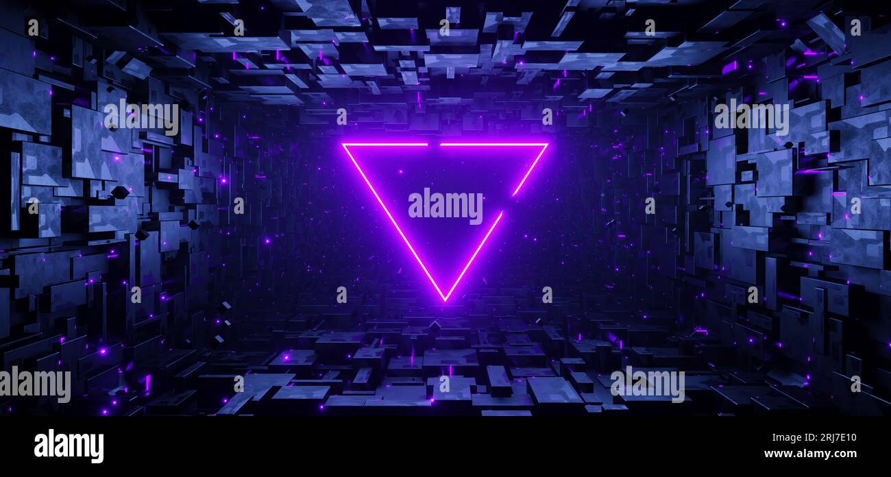 Sci-fi rectangular tunnel with neon triangle sign concept background ...