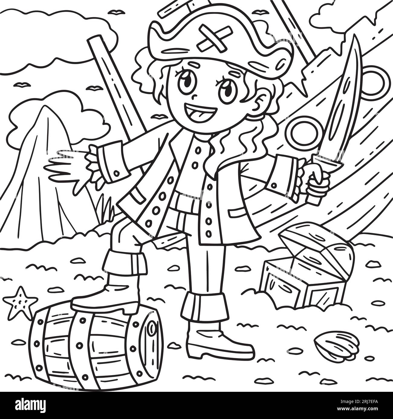 Female Pirate with Cutlass Coloring Page for Kids Stock Vector Image ...