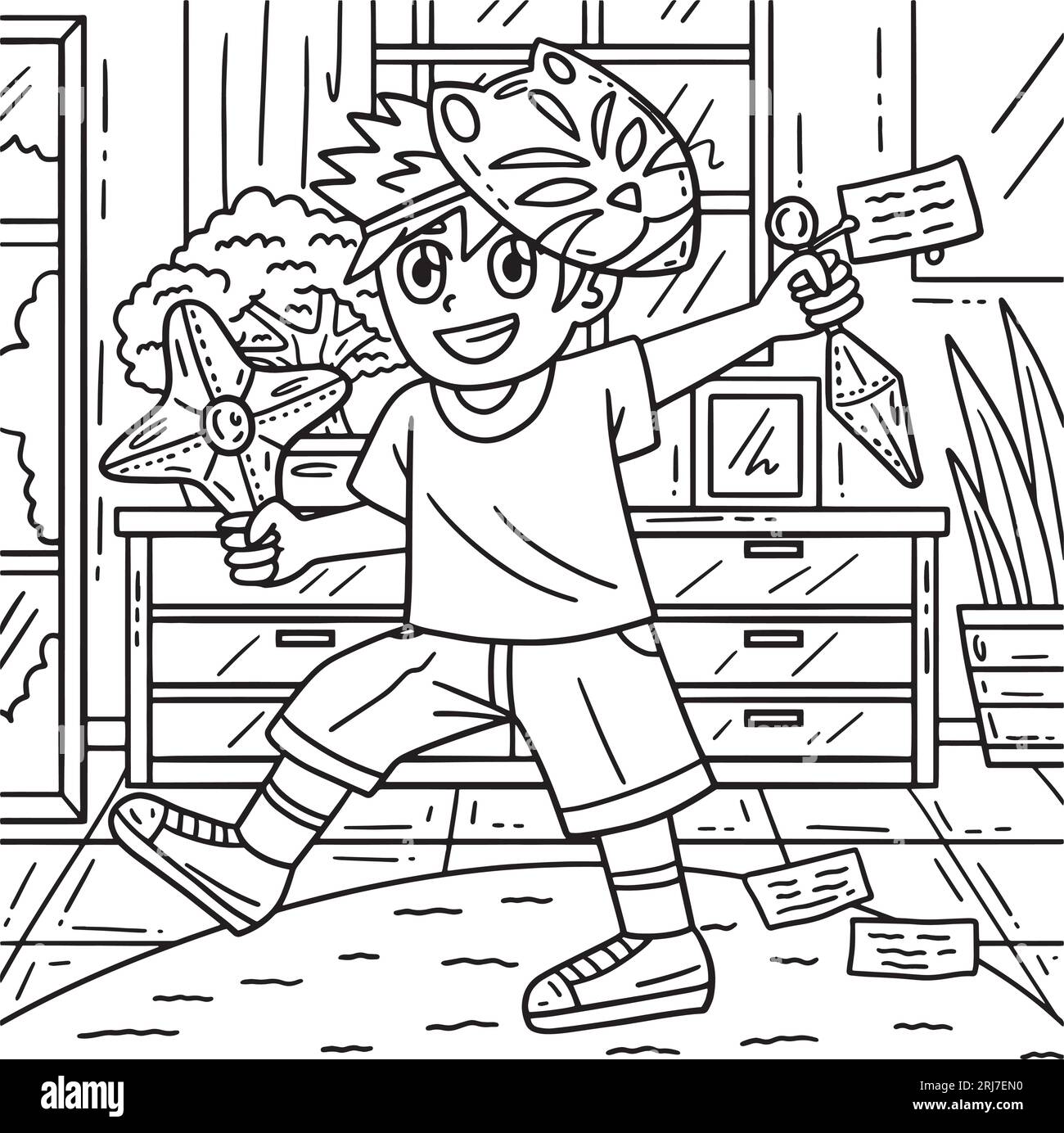 Ninja Child with Kunai and Shuriken Toys Coloring Stock Vector Image ...