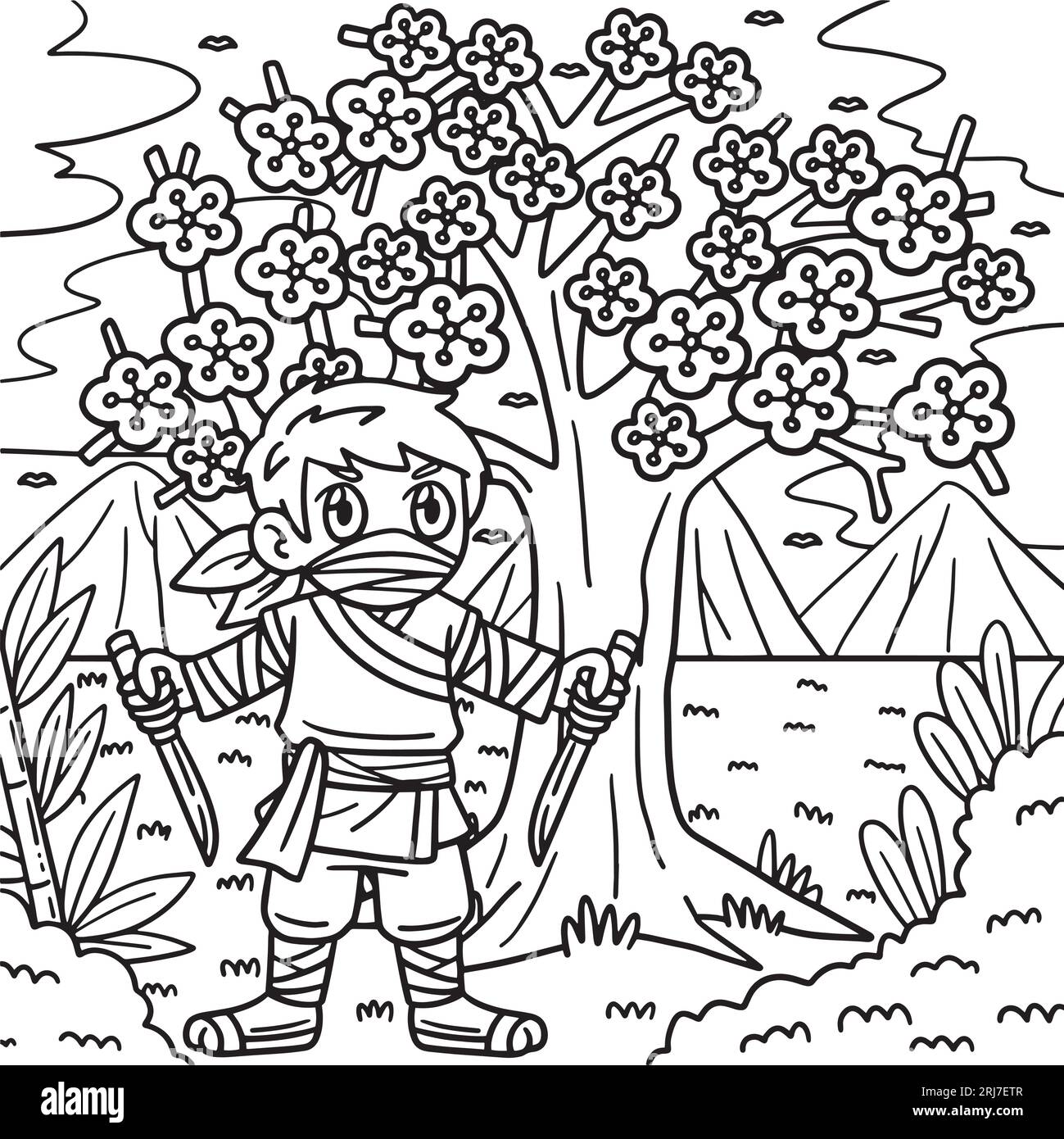 Ninja under Sakura Tree Coloring Page for Kids Stock Vector Image & Art ...