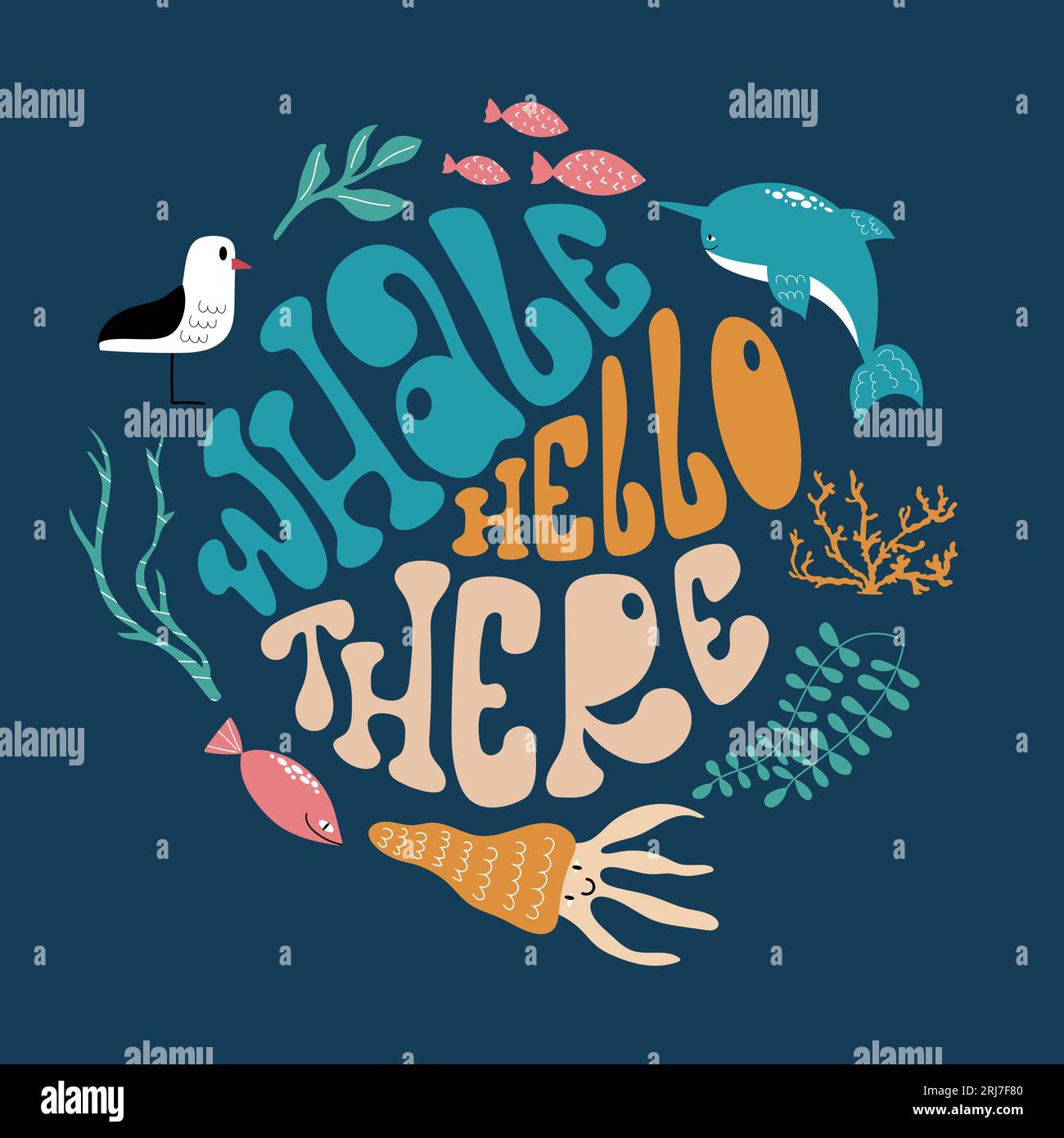 Whale hello there colourful lettering composition in a round shape ...