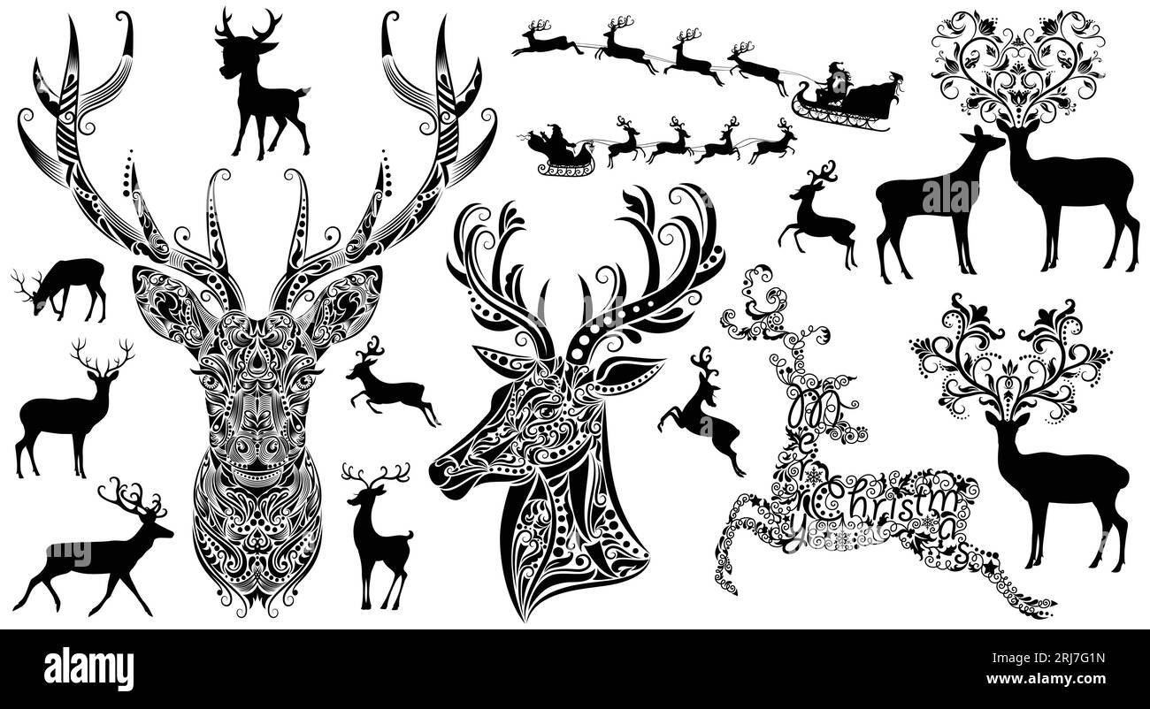 Set of different silhouettes of deers. Patterns in a shape of deers ...