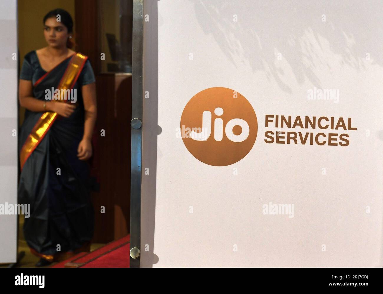 Mumbai, India. 21st Aug, 2023. A Jio Financial Services logo seen at ...