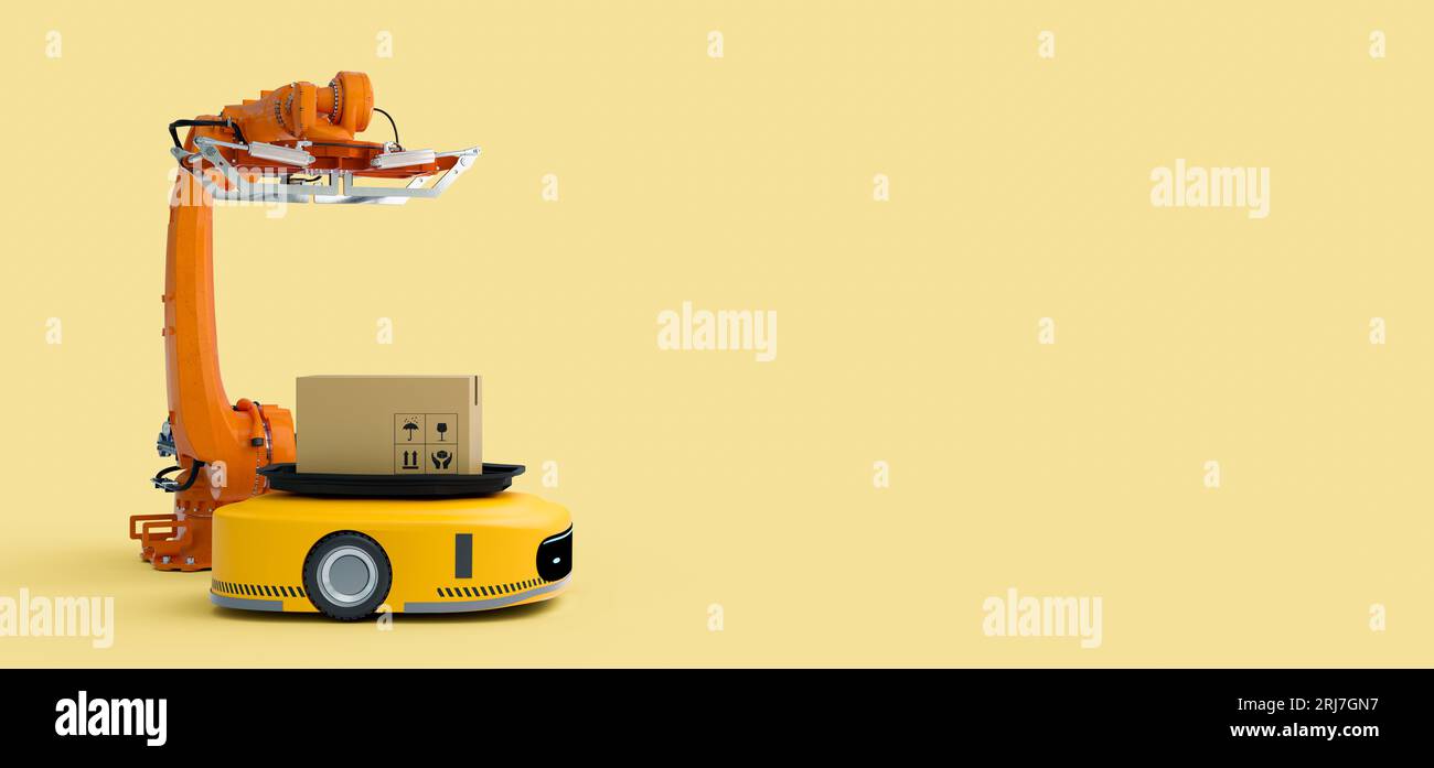 Robotic arm put logistics package on Automate machine (AGV), 3d ...