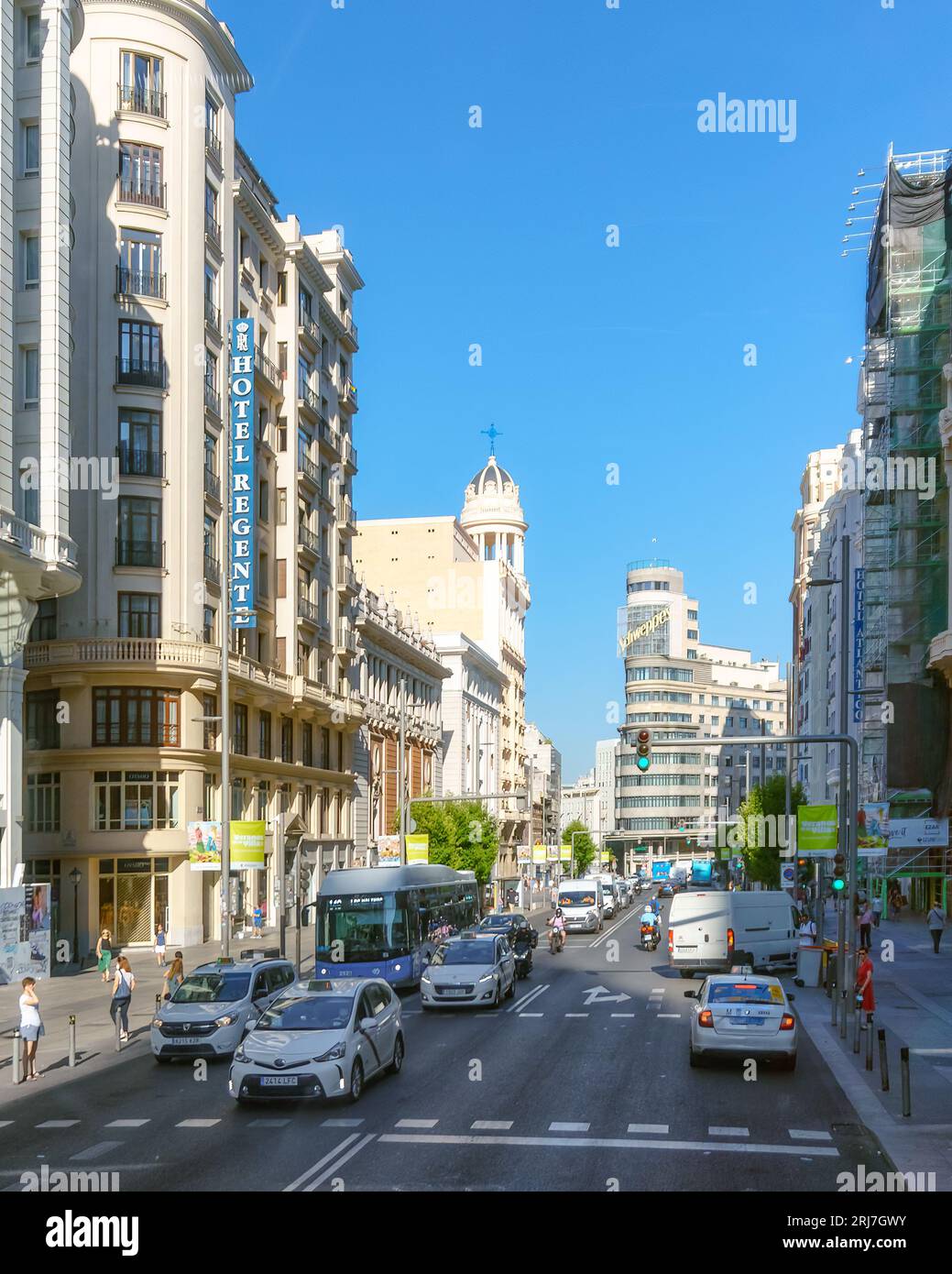 Madrid, Spain, traffic in the Gran Via avenue in daytime. High angle ...