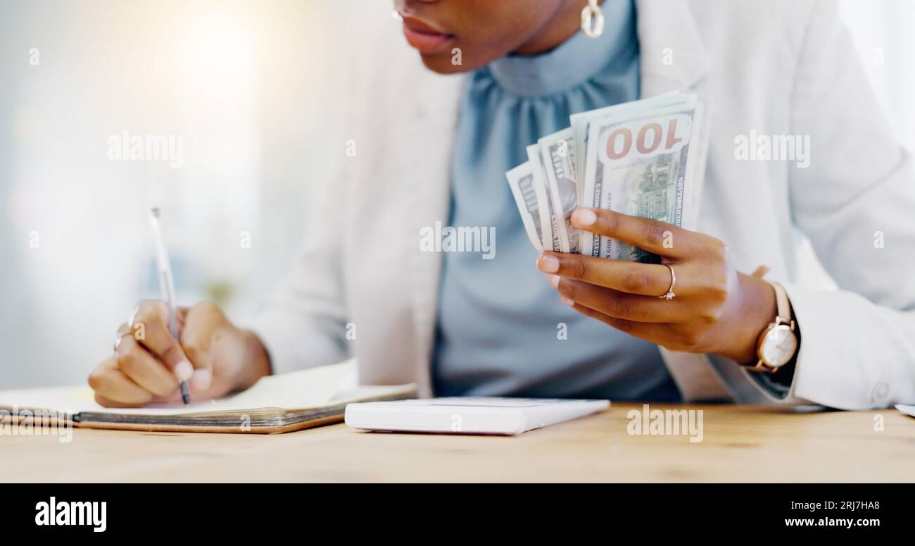 Black woman, calculator and money in business finance for budget, costs ...