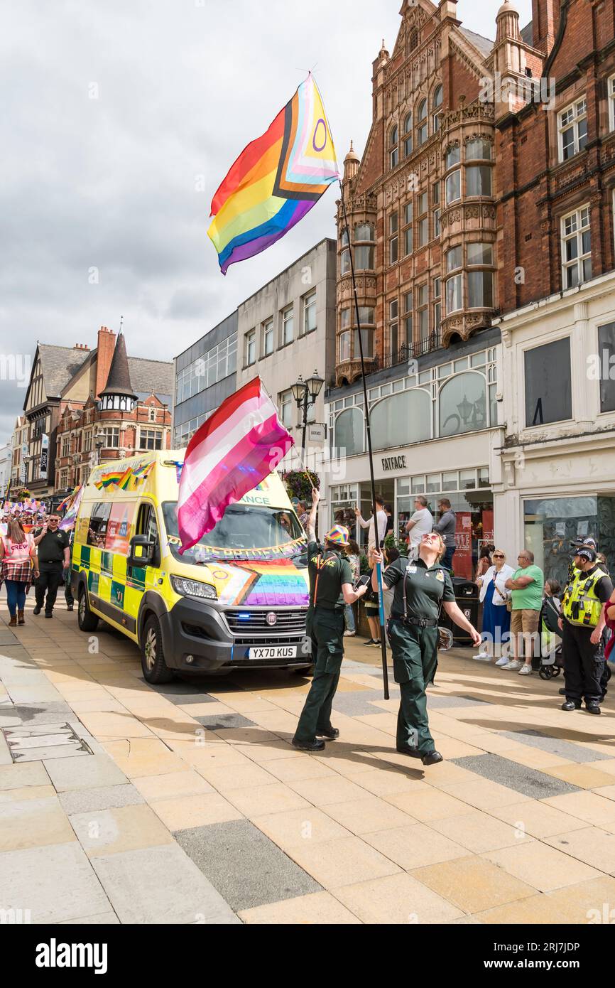 NHS Emergency Ambulance supporting Lincoln Pride Parade, High Street ...