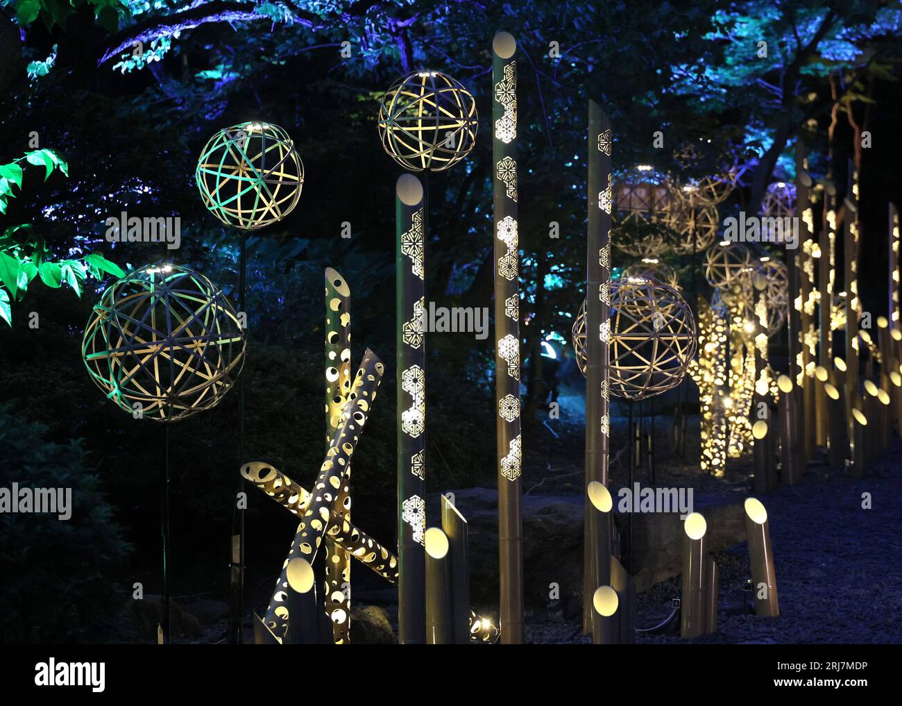 Tokyo, Japan. 21st Aug, 2023. Bamboo balls and lanterns are illuminated ...