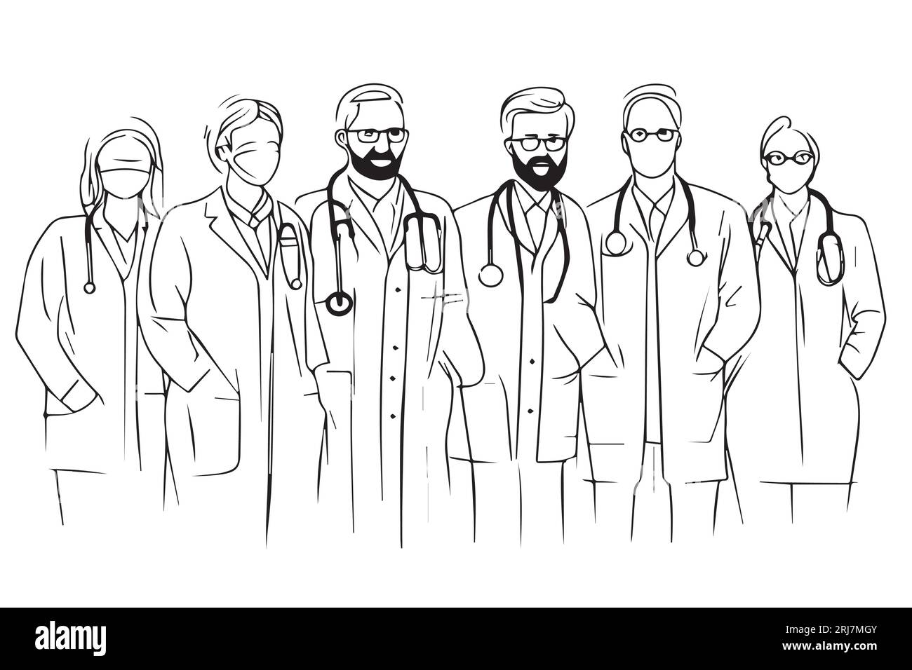 Sketch Diverse group medics or health workers standing in line wearing ...