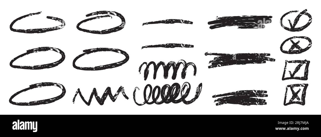 Hand drawn charcoal curved scribbled shapes, circles and check marks ...