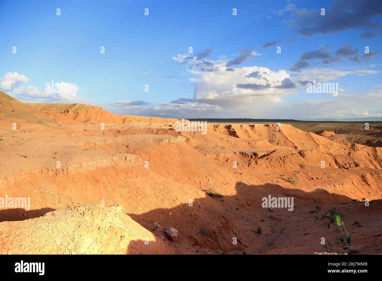 The rock formations of Bayanzag flaming cliff at sunset, Mongolia Stock ...