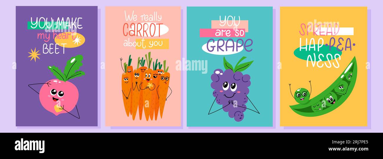 Collection of posters with cartoon food characters Stock Vector Image ...