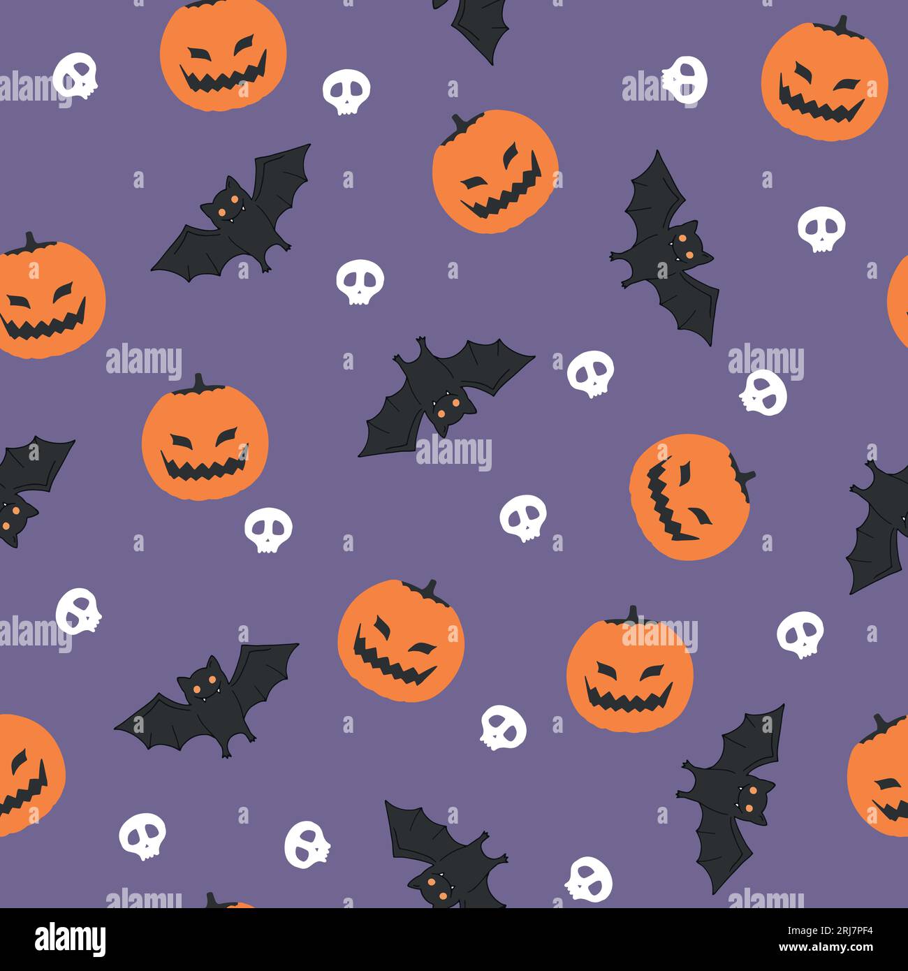 Bats, pumpkins and skull on dark background seamless pattern. Happy ...