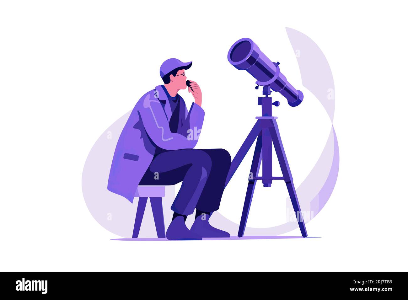 Vector illustration of a male observing through a massive telescope ...