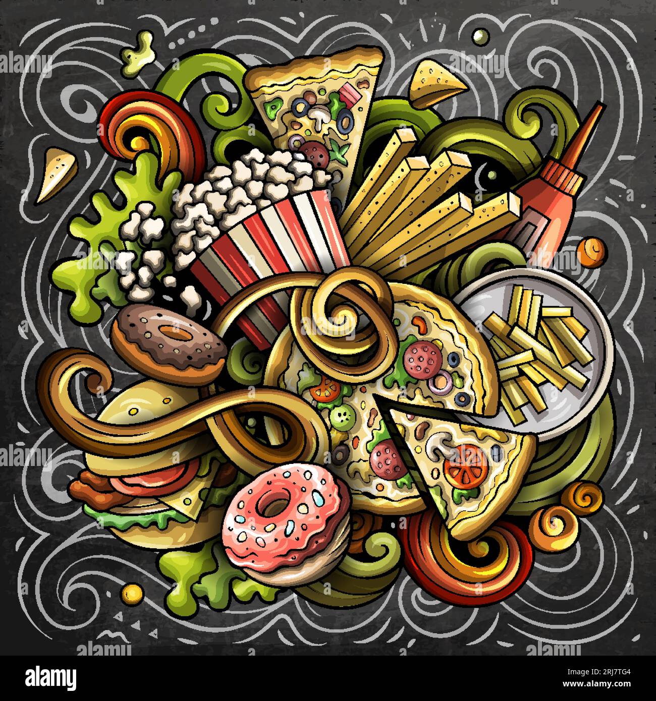 Fastfood cartoon doodles illustration. Fast food funny objects and ...