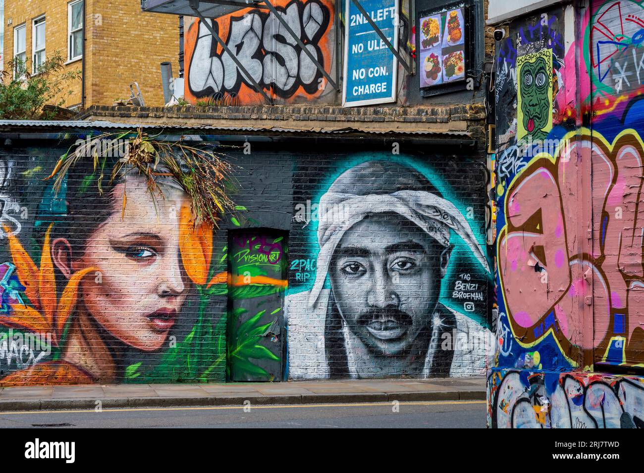 Street art mural of 2Pac by graffiti artist Benzi Brofman, Brick Lane ...