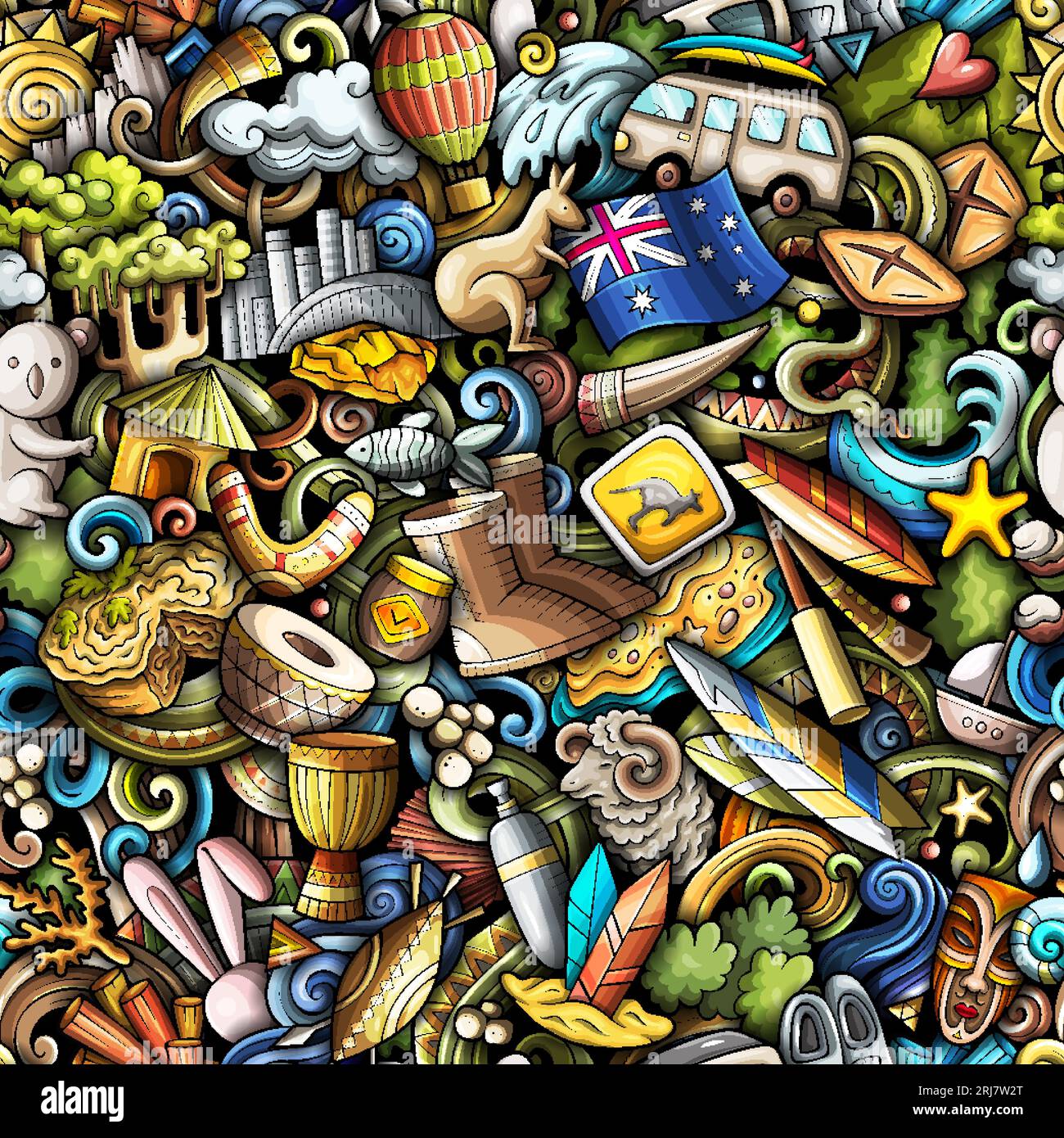 Cartoon doodles Australia seamless pattern. Backdrop with Australian ...