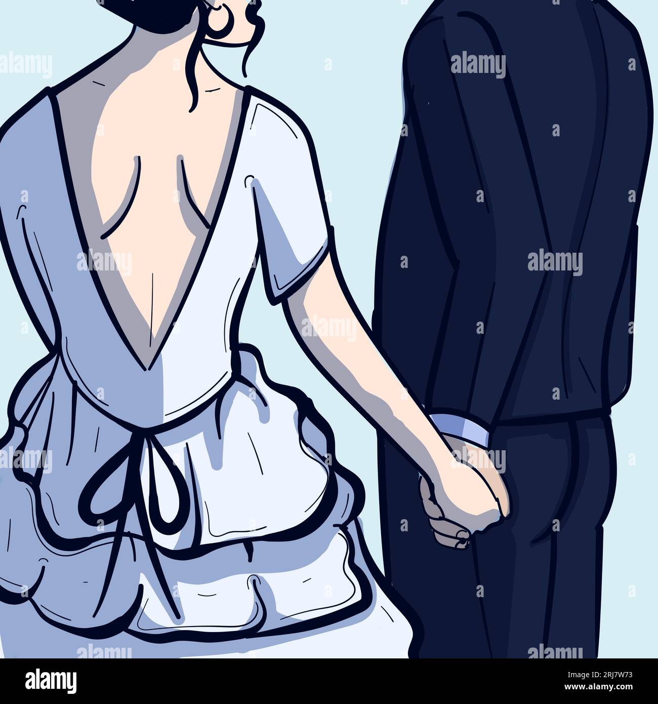 Bride and broom wearing a wedding dress and a suit. Backside view of a ...