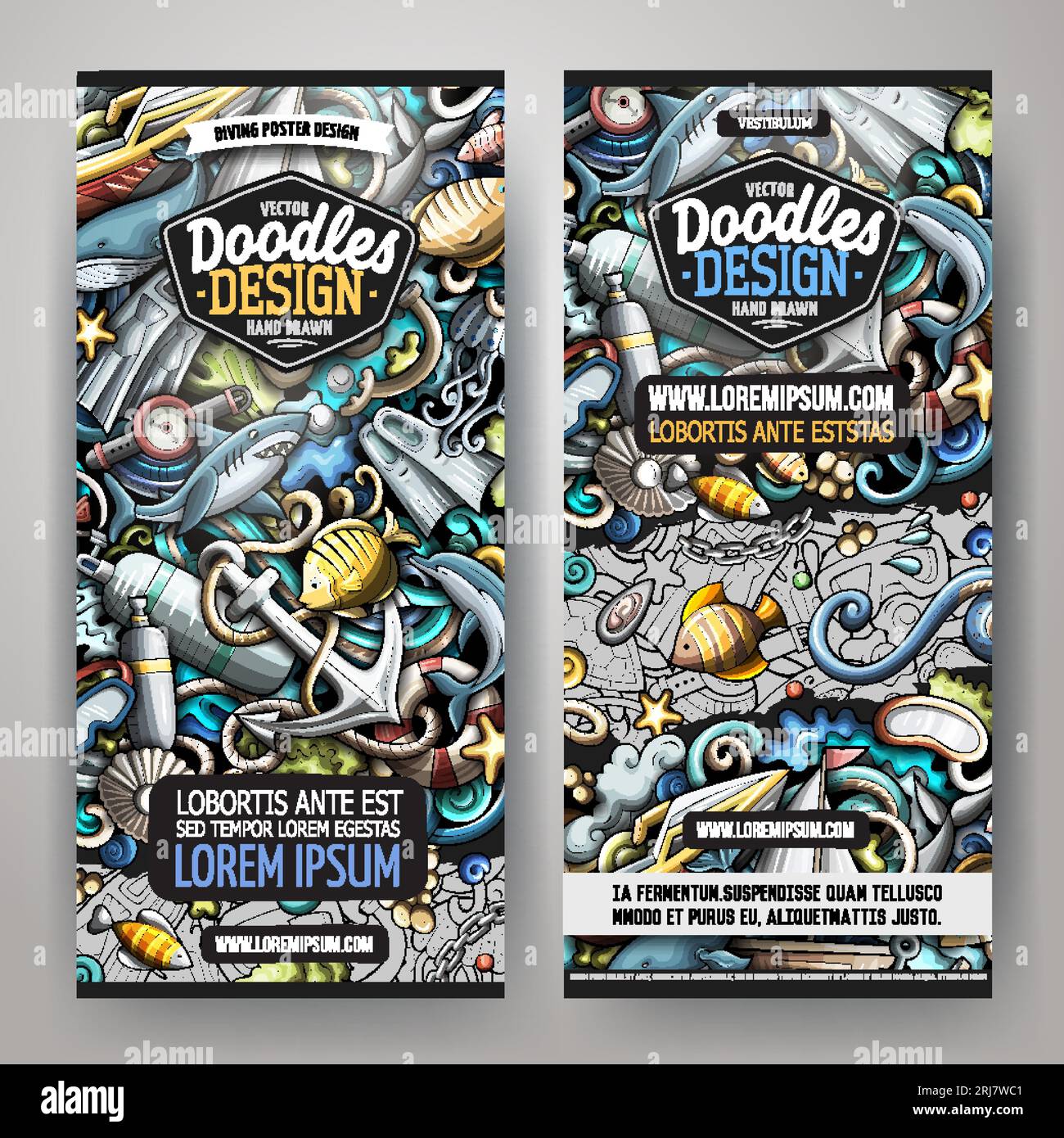 Cartoon cute doodles Diving vertical banners set Stock Vector Image ...