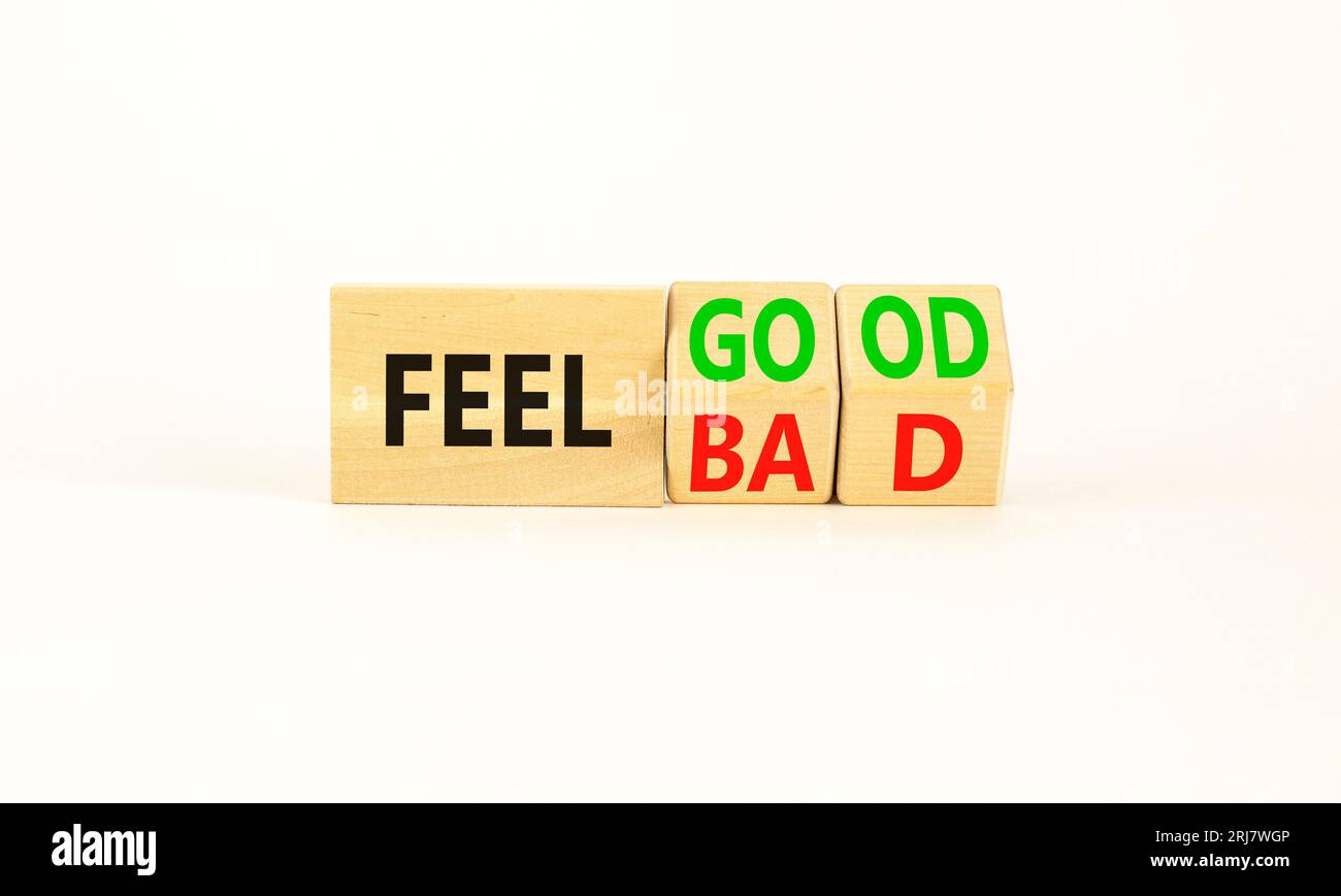 Feel good or bad symbol. Businessman turns wooden cubes and changes ...