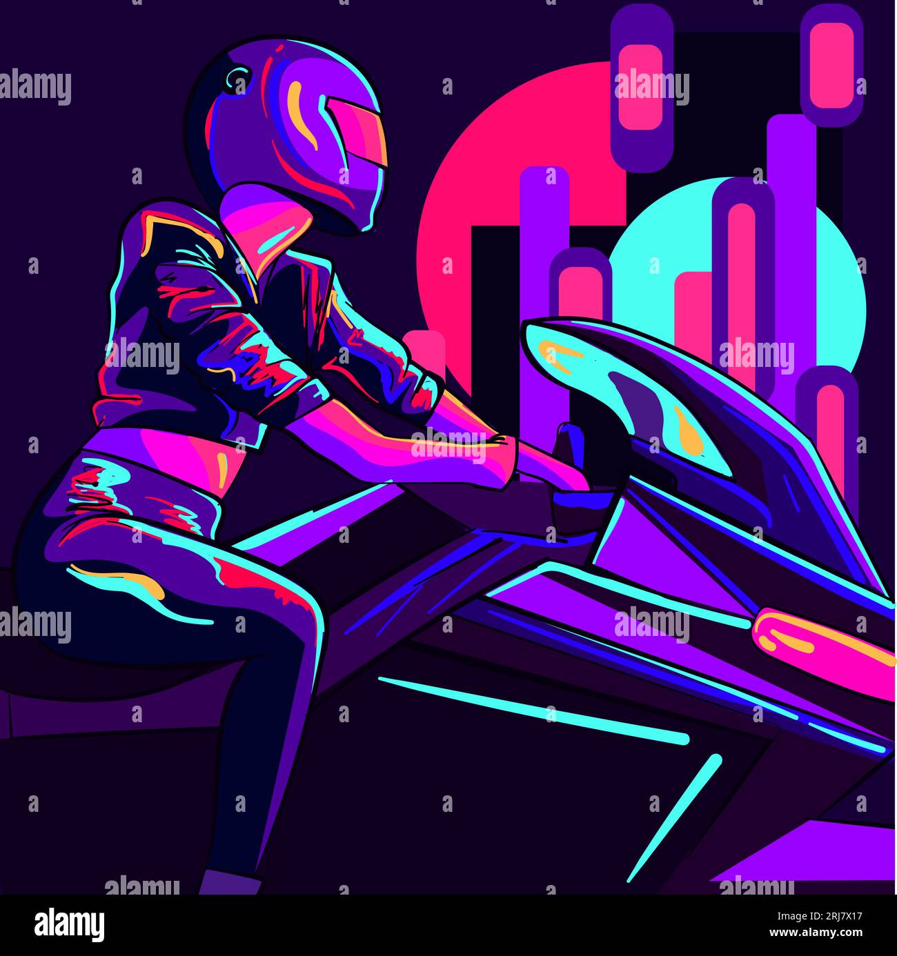 Conceptual art of a neon woman biker riding on a city. Retrowave vector ...