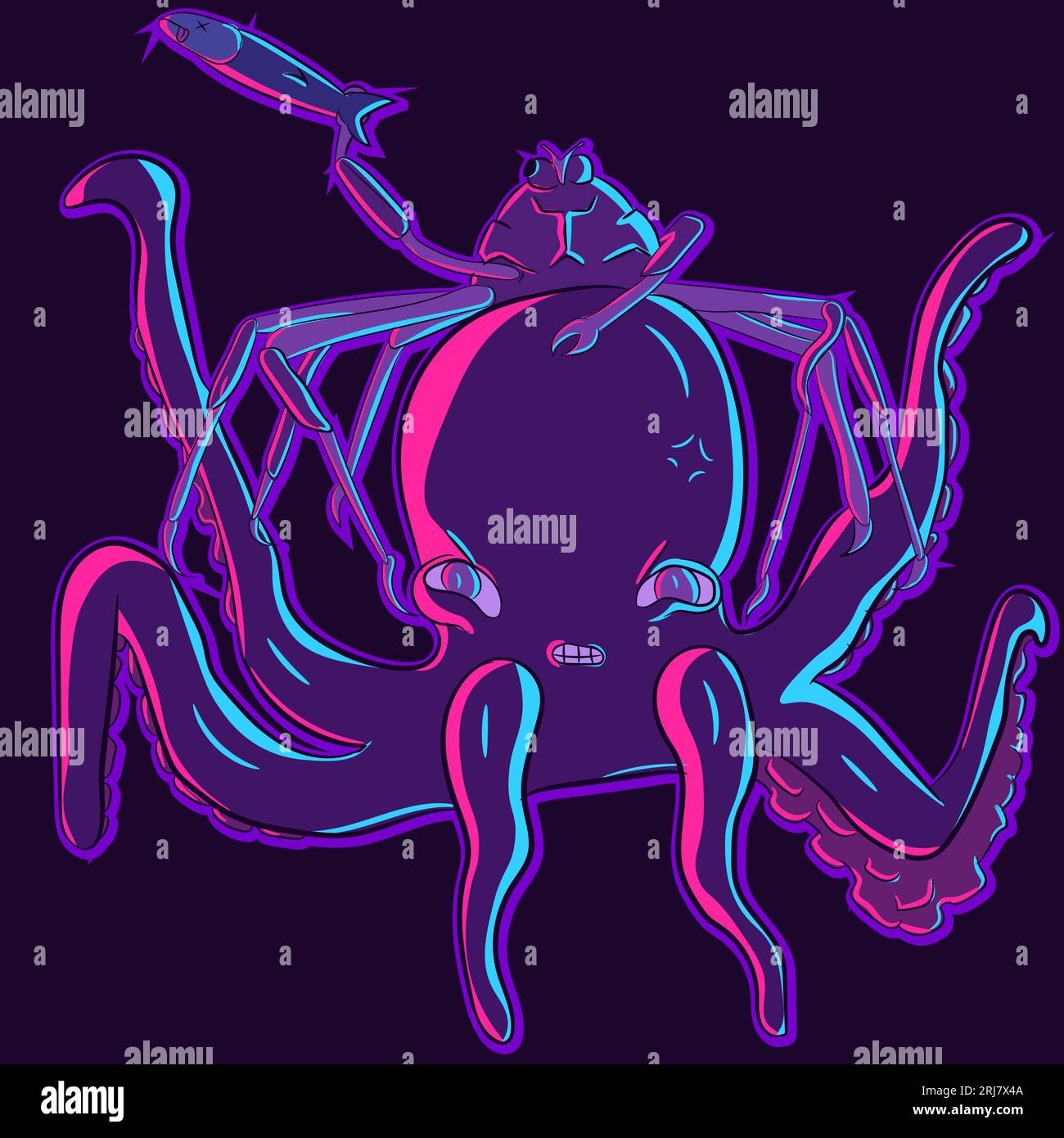 Cartoon characters under UV lights. Angry crab riding an octopus with a ...