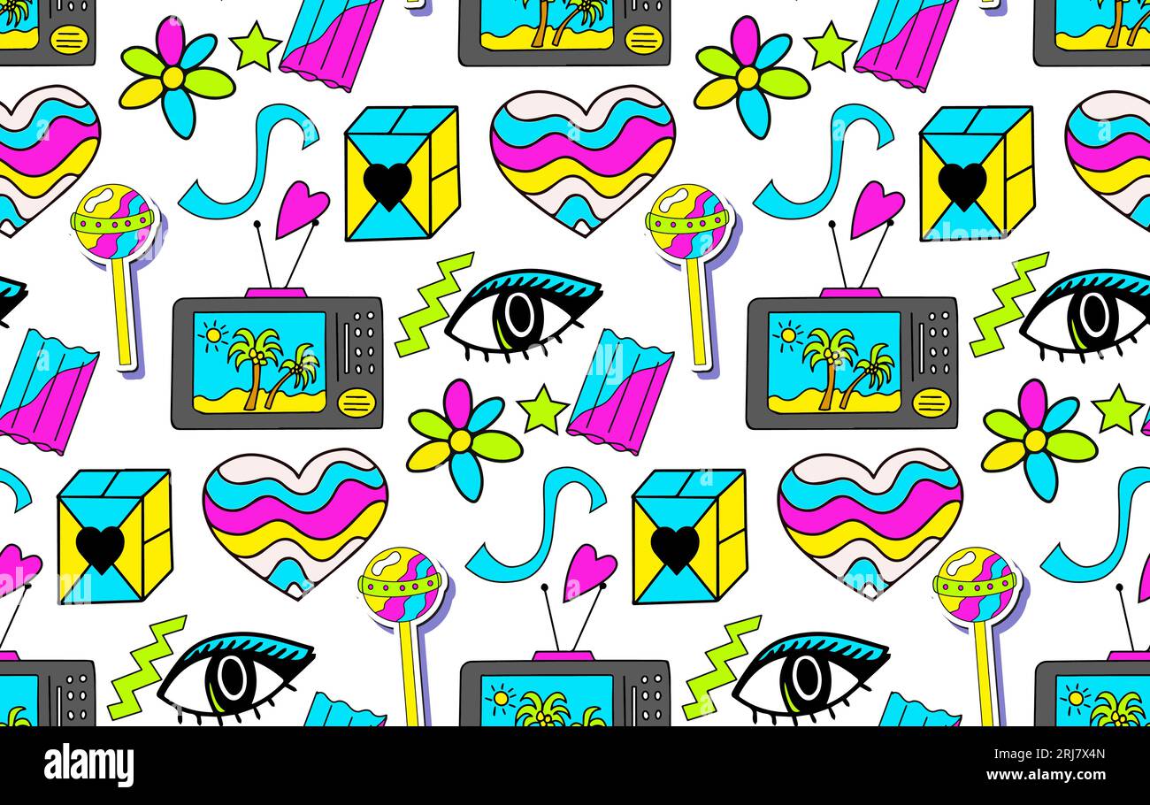 Trendy 90s style seamless pattern with neon items elements,Fashion ...