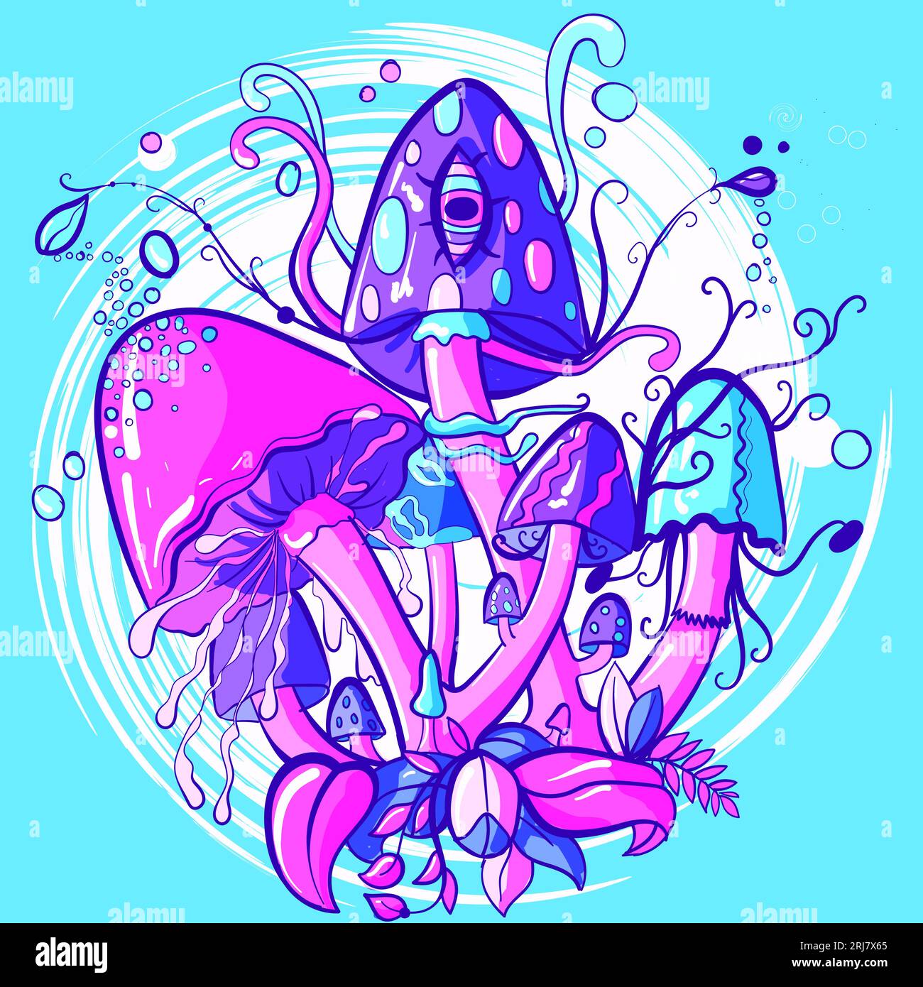 Colorful illustration of trippy and psychedelic mushrooms with leaves ...