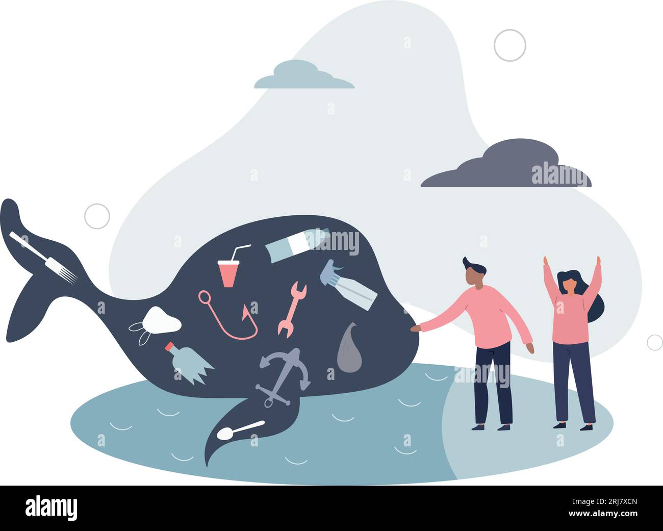 Ocean pollution and plastic concentration as whale danger .flat vector ...