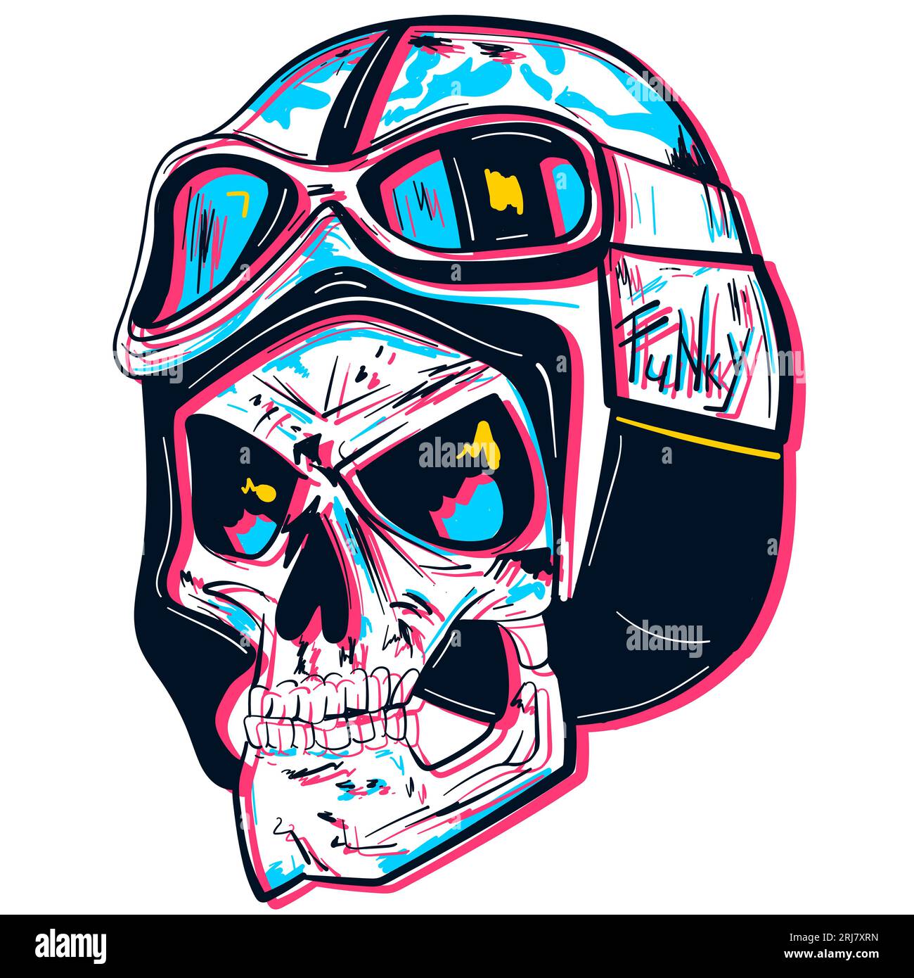 Conceptual neonwave sketch art of an aviator skull wearing a funky ...