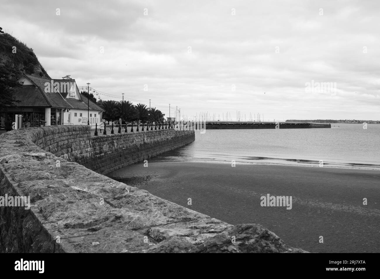 A black and white image of a section of the long seafront at Torquay ...