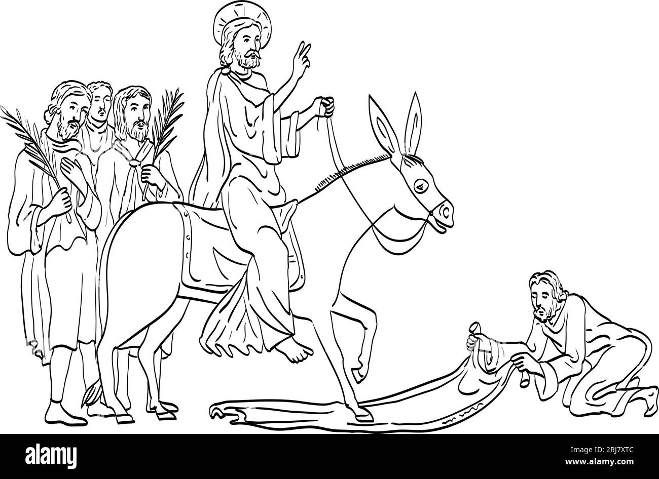 Line art drawing illustration of Jesus on Palm Sunday riding donkey ...