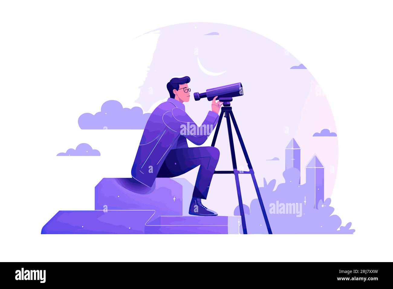 Illustration depicting a man using a giant telescope to peer into the ...