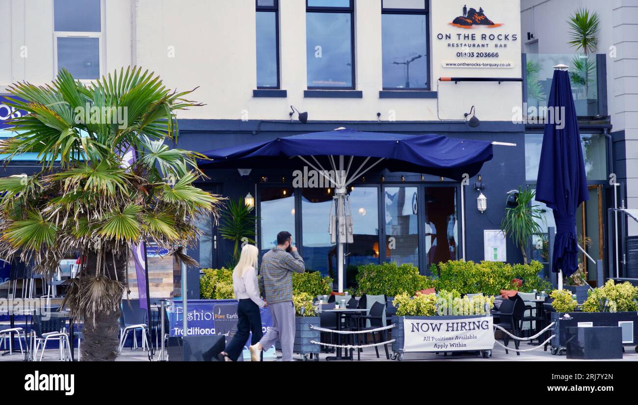 Torquay, Devon, England, UK July 05 2022: Shops, bars and restaurants ...