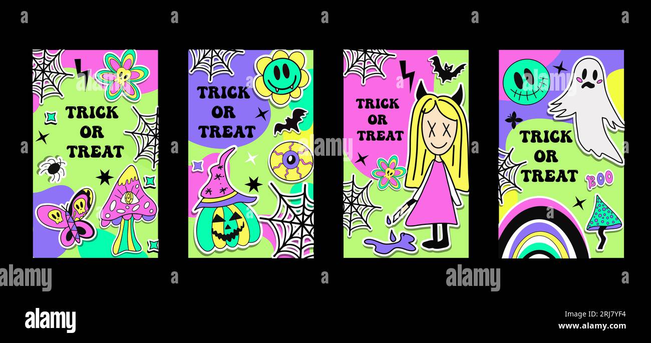 Set posters for Halloween with trendy illustrations. Trendy groovy ...