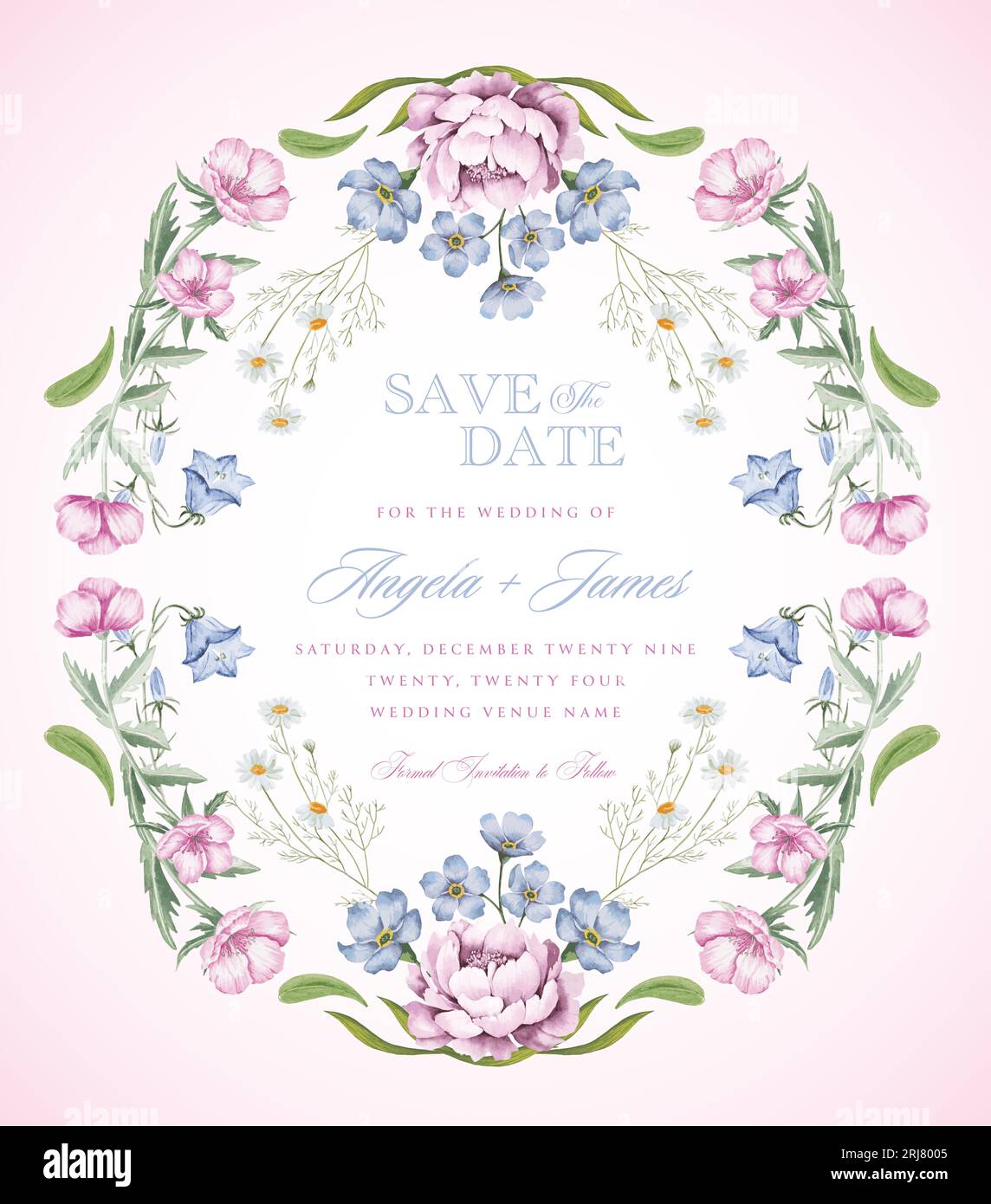 Floral watercolor save the date invite card. Pink flower wedding ...