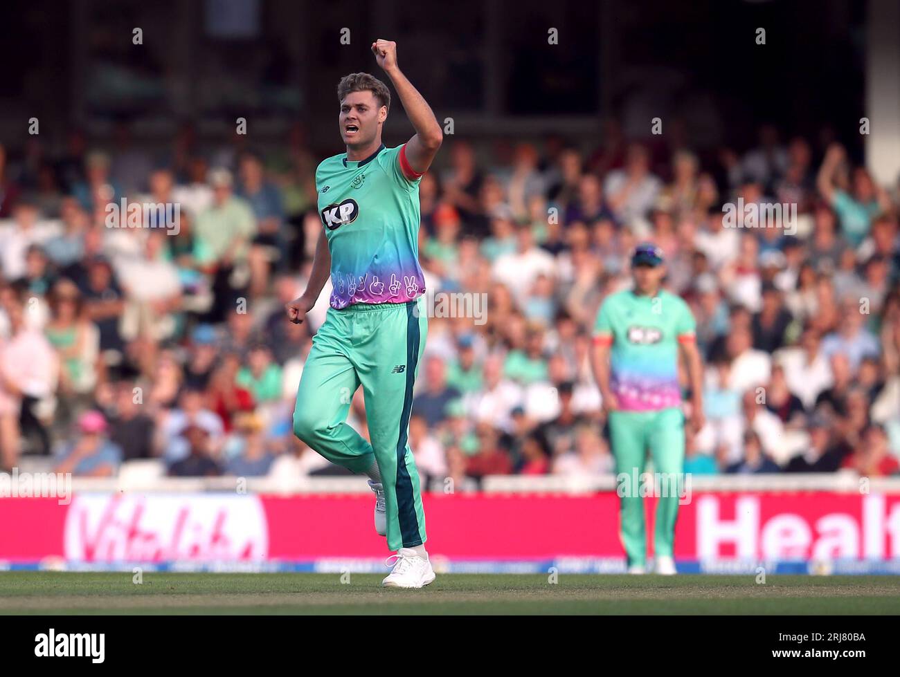 Oval Invincibles Spencer Johnson celebrates taking the wicket of Trent ...