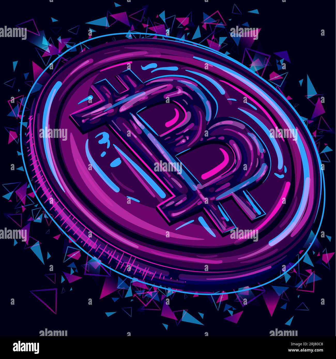 Pink and blue illustration of a digital coin and a colorful splash ...