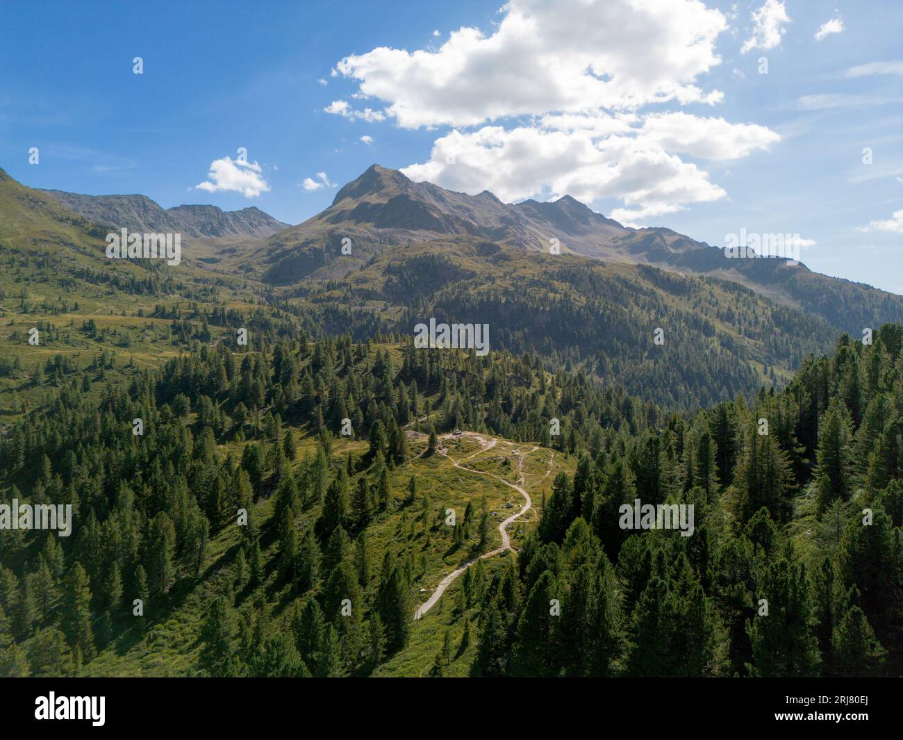 Scenic aerial view of hiking trail leading toward alpine mountains ...