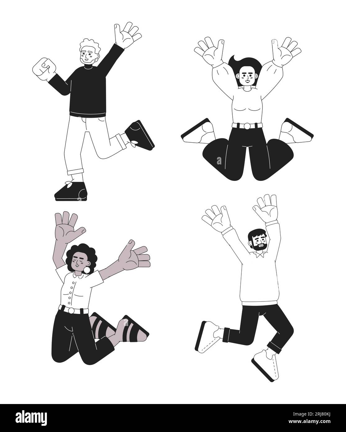 Happy people jumping monochromatic flat vector characters set Stock ...