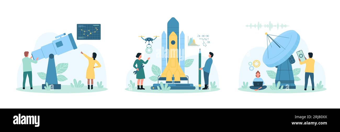Space research set vector illustration. Cartoon tiny people connect to ...