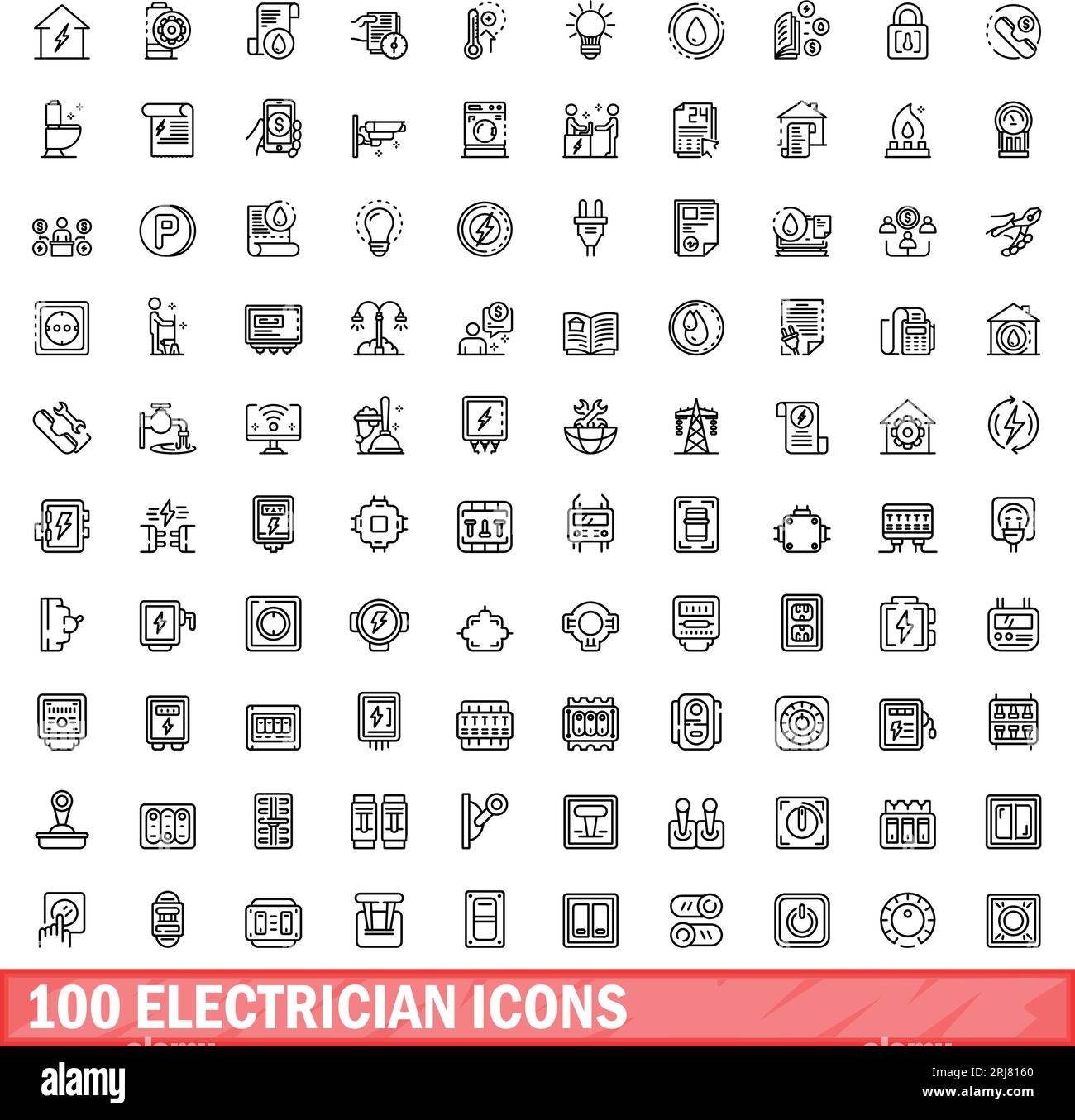 100 electrician icons set. Outline illustration of 100 electrician ...