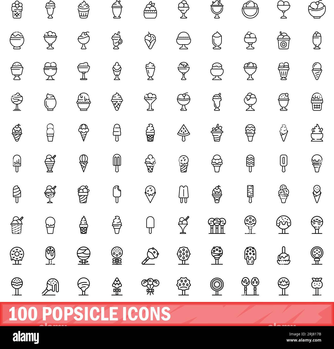 100 popsicle icons set. Outline illustration of 100 popsicle icons ...