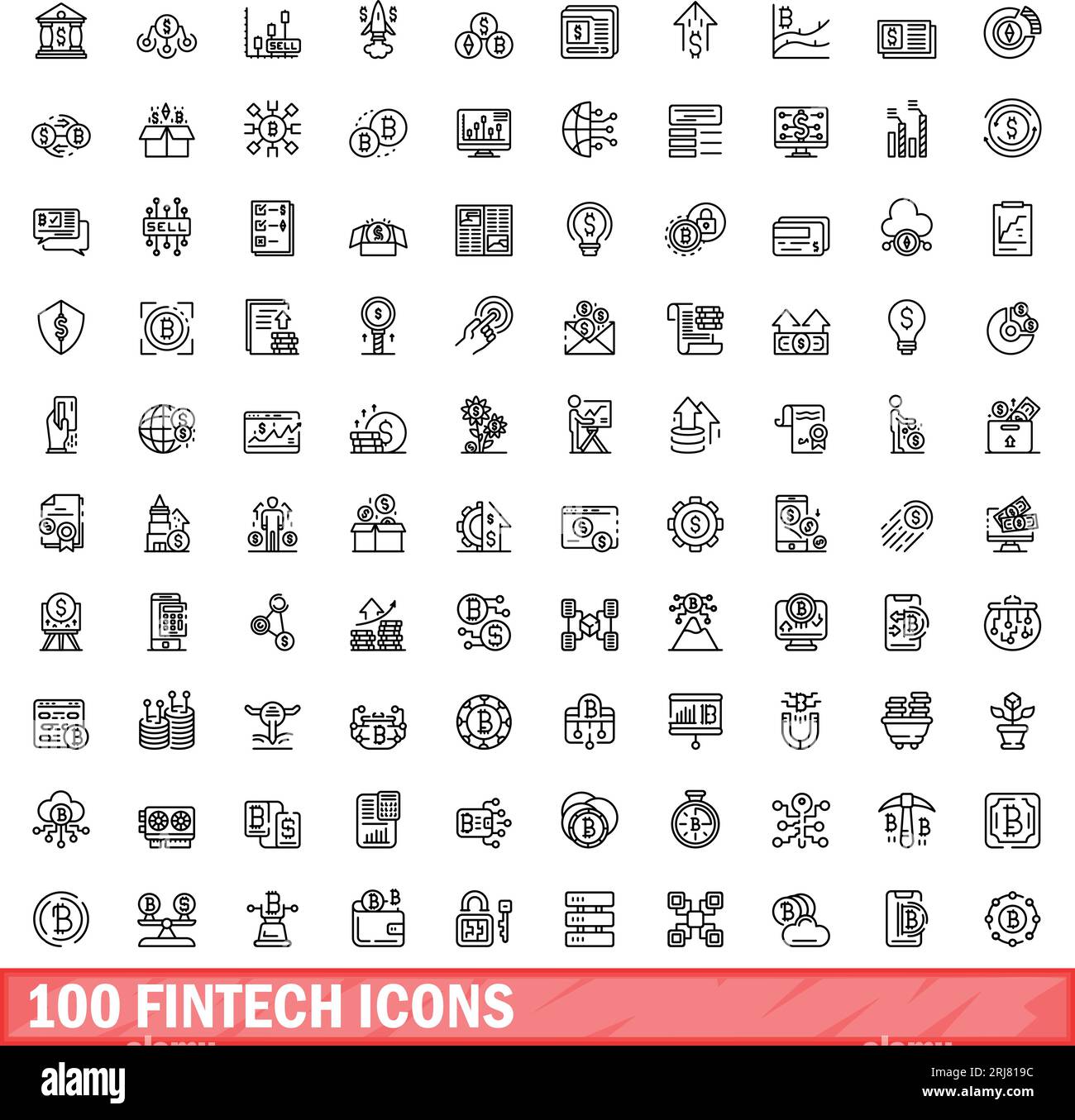 100 fintech icons set. Outline illustration of 100 fintech icons vector ...