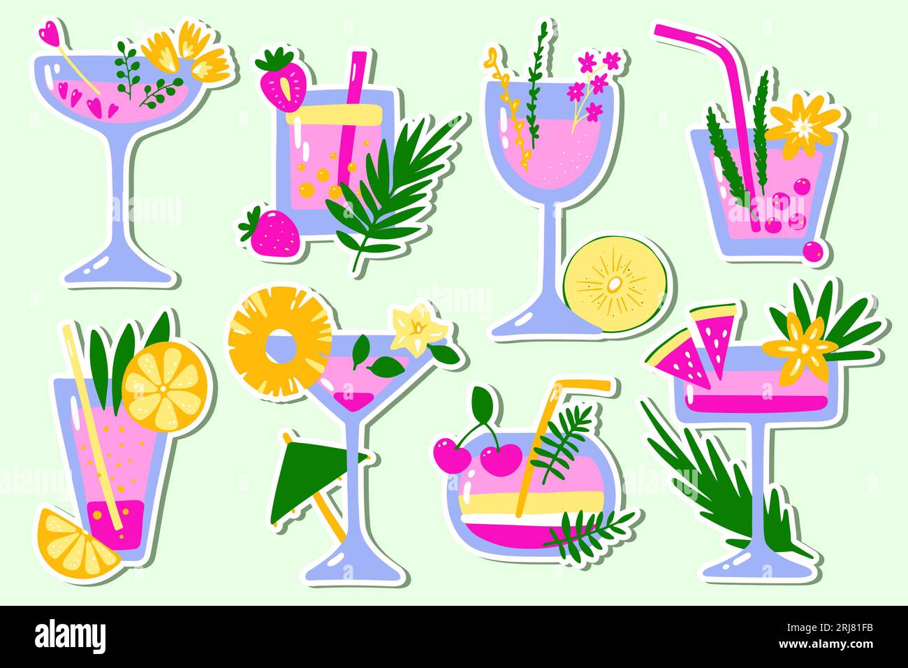 Cartoon tropical cocktails sticker set. Pink Drinks on mint background ...