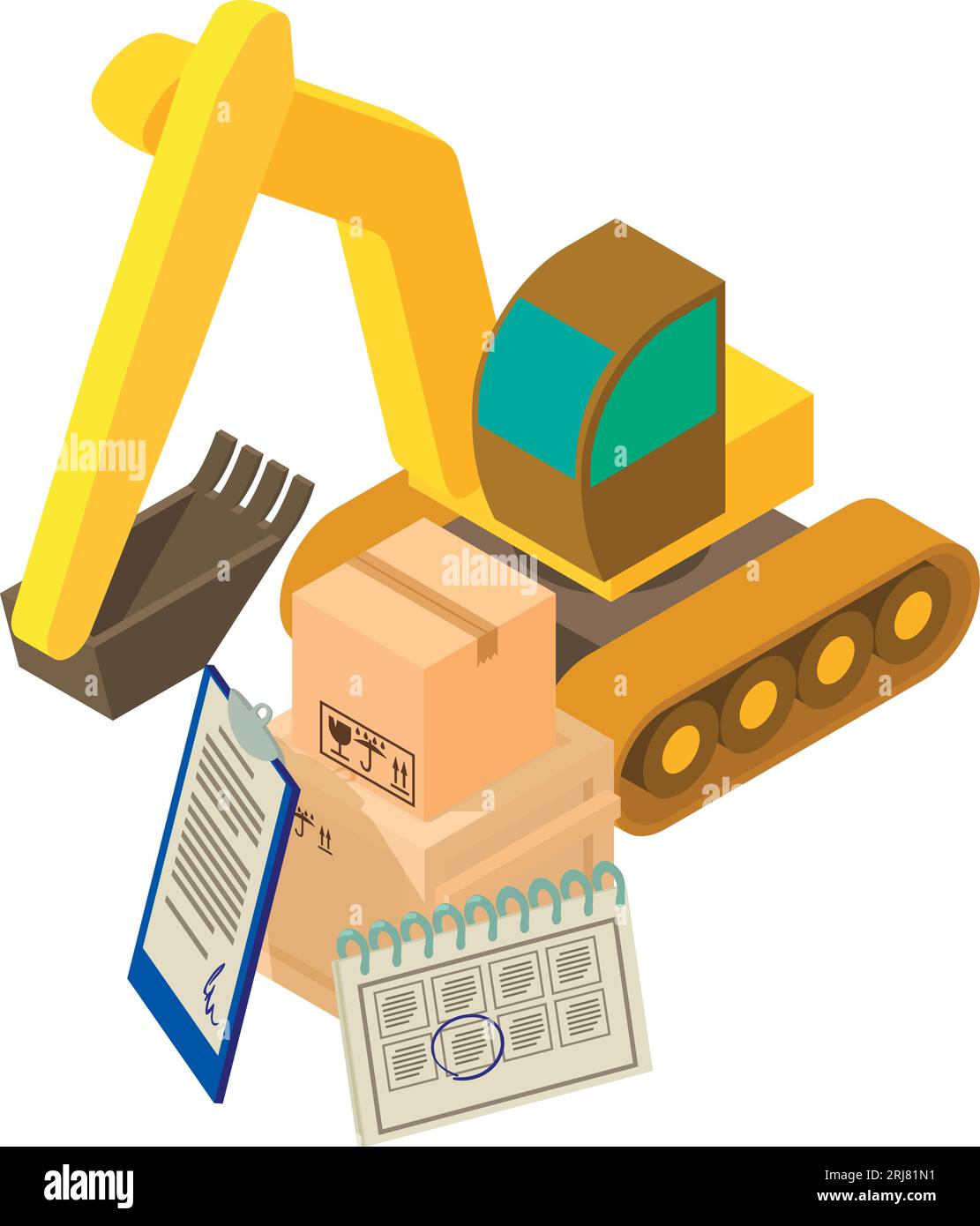 Excavator work icon isometric vector. Large crawler excavator near ... Excavator work icon isometric vector. Large crawler excavator near ...