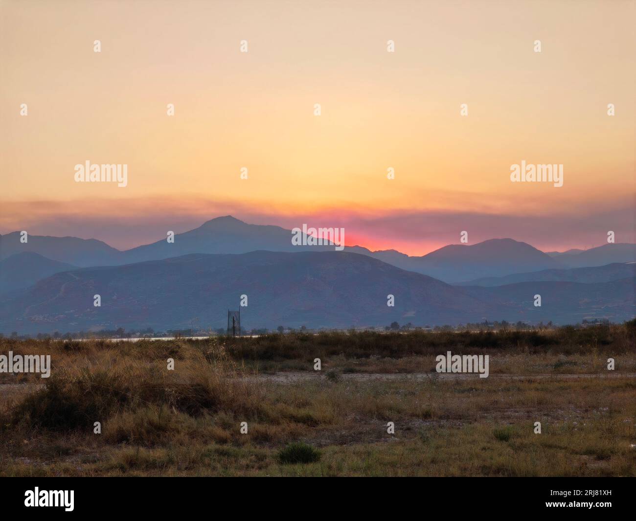 GREECE- RED SUNSET AFTER FIRE IN PELOPONNESE Stock Photo - Alamy
